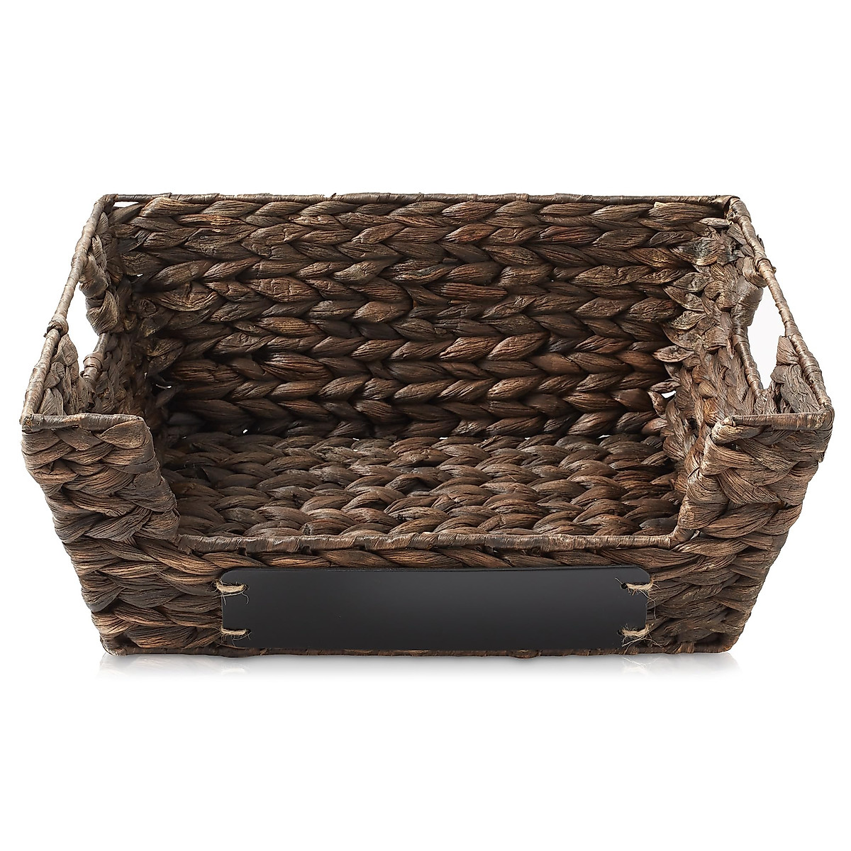 Casafield Set of 2 Water Hyacinth Pantry Baskets with Handles, Chalkboard Labels, and Marker - Espresso, Wide Woven Storage Bin Organizers for Kitchen Shelves