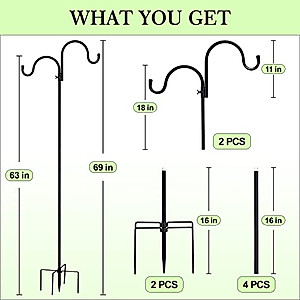 KENNEDICH Double Shepherds Hooks 2 Pack Bird Feeder Holder 63"/47"/32" Adjustable, Heavy Duty Outdoor Hummingbird Feeder Stand Pole Shepherd Hooks for Hanging Plant Baskets,Lanterns,Wedding Decor