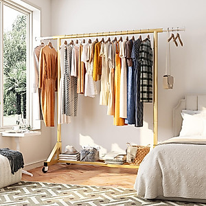 Raybee Clothes Rack 77" W Heavy Duty Clothing Rack Gold Clothing Rack with Wheels Clothes Racks for Hanging Clothes Heavy Duty Metal Rolling Garment Rack Industrial Clothing Rack 77''W×66''H×24''D