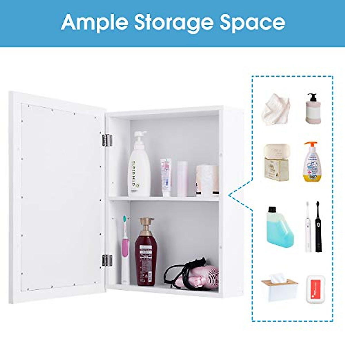 Casart Mirror Medicine Cabinet W/Single Door and Inner Adjustable Shelf in 3 Heights Storage Organizer for Bathroom, Vestibule, Bedroom Wall Mount Bathroom Cabinet,White