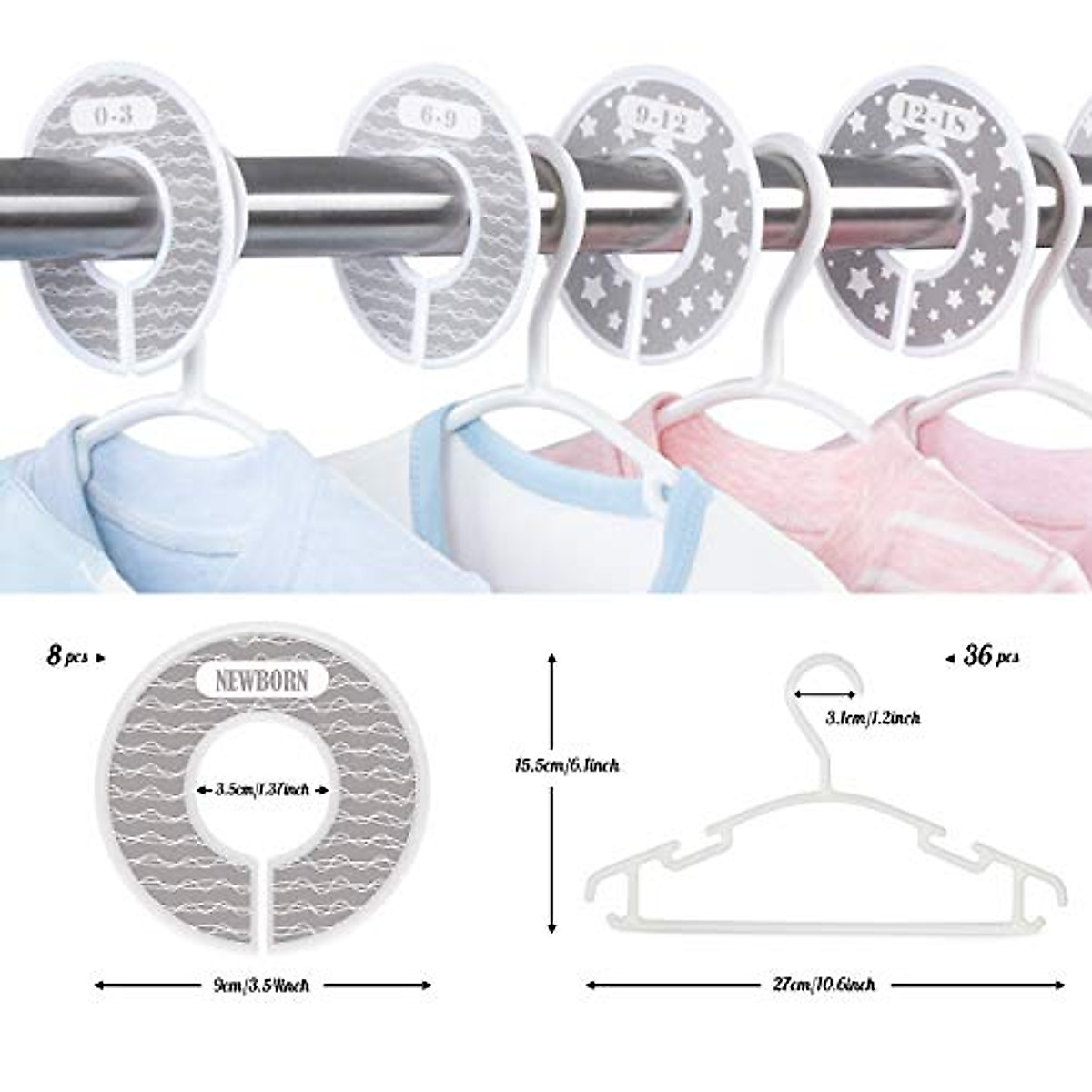 Lemonfilter Toddler Hangers with Baby Closet Dividers, 36 Pack Baby Hangers for Nursery Infant Clothes, Ultra Thin Space Saving White Hangers with 8 Wardrobe Hanger Dividers from Newborn to Toddlers