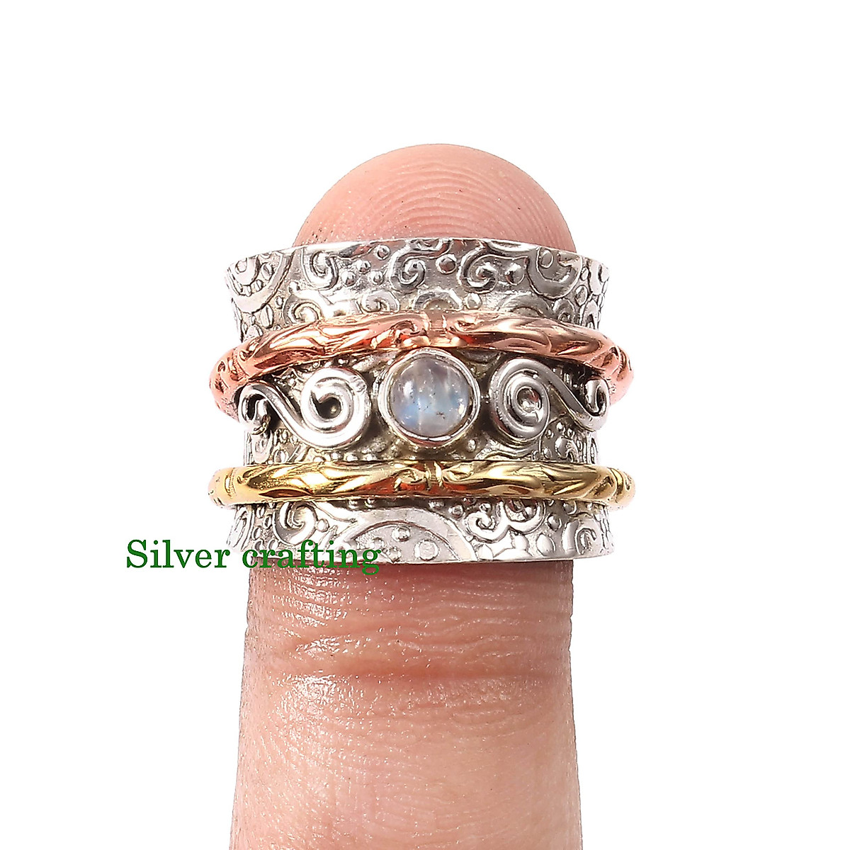 Infinity Design 925 Sterling Silver Spin Spinner Ring Rainbow Moonstone Gemstone Ring Meditation Jewelry (6)