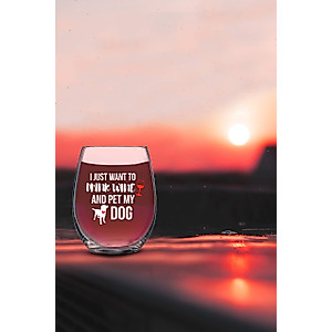 Funnwear I Just Want to Drink Wine And Pet My Dog - 15oz Funny Stemless Crystal Wine Glass Dog Mom - Pet Lover Rescue Mama