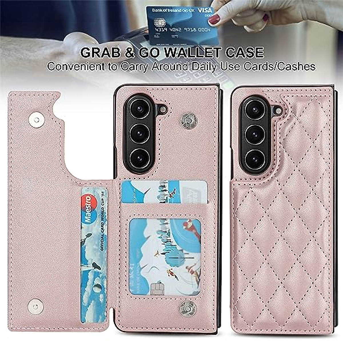 Ephoou Flip Wallet Case Compatible with Samsung Galaxy Z Fold 5 for Women, Luxury PU Leather Shockproof Cover Case with Card Holder (Kickstand Function) for Samsung Galaxy Z Fold5 SKG-Rose Gold