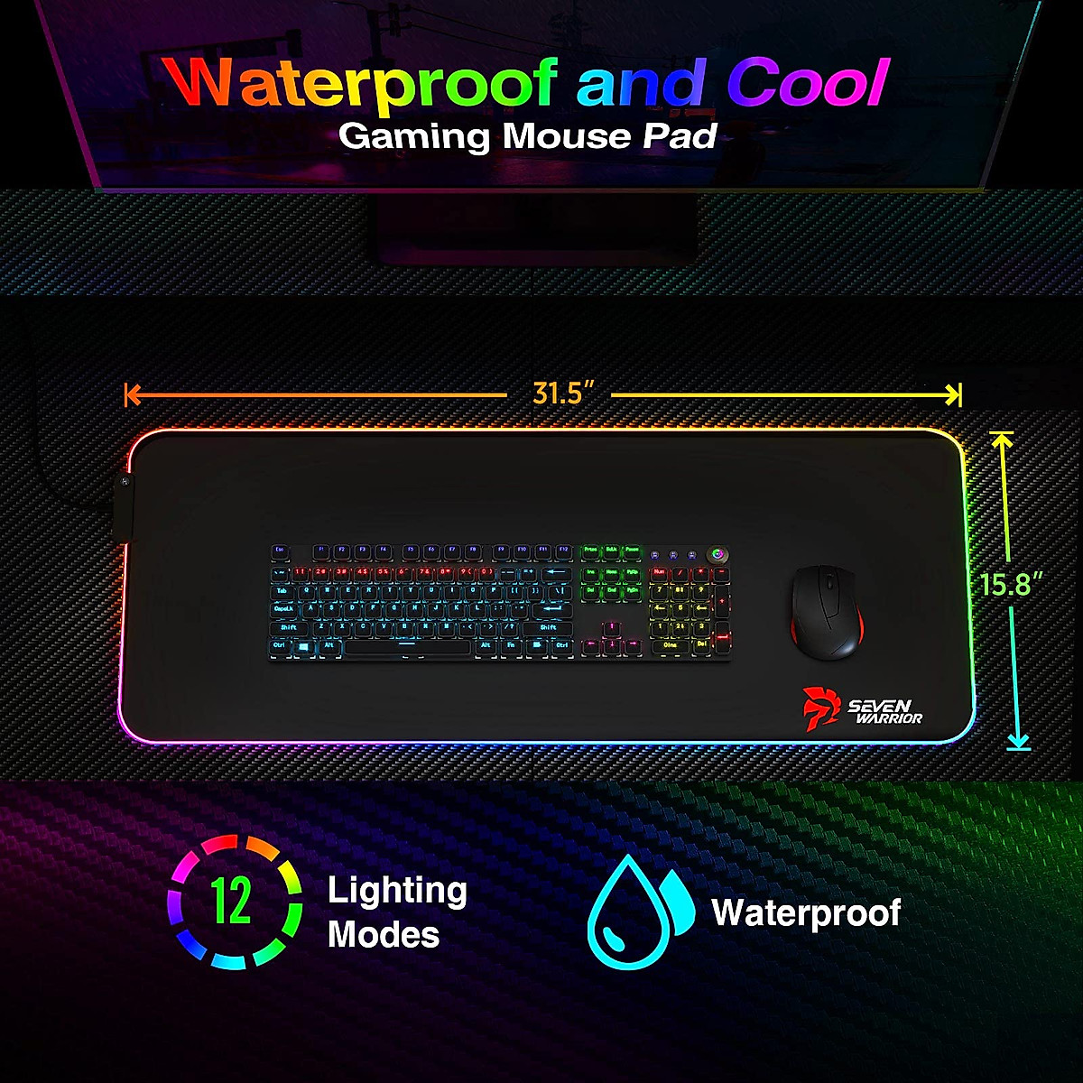 SEVEN WARRIOR Gaming Desk 40INCH with RGB Mouse Pad & Power Outlet, Carbon Fiber Surface Gamer Desk with Monitor Stand, Ergonomic Y Shaped Gamer Table with Cup Holder, Headphone Hook, Outlet Organizer