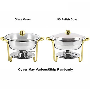 Restlrious Chafing Dish Buffet Set Stainless Steel Round Chafers and Buffet Warmers Sets 5QT 4 Pack, Complete Set for Buffet Catering w/Water Pan, Food Pan, Fuel Holder and Lid in Gold Accent