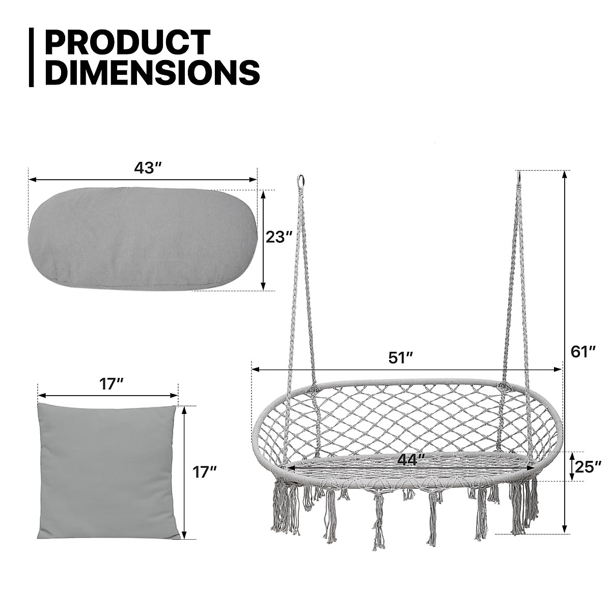 MoNiBloom Outdoor 2 Seat Hammock Chair with 3 Cushion, Indoor/Outdoor Hanging Macrame Swing Boho Chair for Adults, Max 700 lbs Capacity Patio Hanging Chair Porch Hammock Chair Hanging Rope Swing, Grey