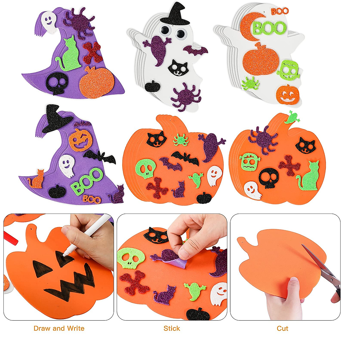 Max Fun 302PCS Halloween Crafts for Kids Foam Pumpkins Stickers Bulk, Ghost Witch Hat Halloween Decorations for Kids Party Favors Supplies Halloween Activities
