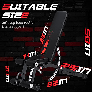 Keppi 1200LB Weight Bench, Heavy Duty Bench1000 PRO Adjustable Workout Bench Press Set for Home Gym Strength Training, Removable Foot Catch for Incline Flat Decline Sit Up Bench for Full Body Fitness