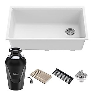 KRAUS Bellucci Workstation 32 in. Undermount Granite Composite Single Bowl Kitchen Sink in White with Accessories with WasteGuard™ Continuous Feed Garbage Disposal, KGUW1-33WH-100-75MB
