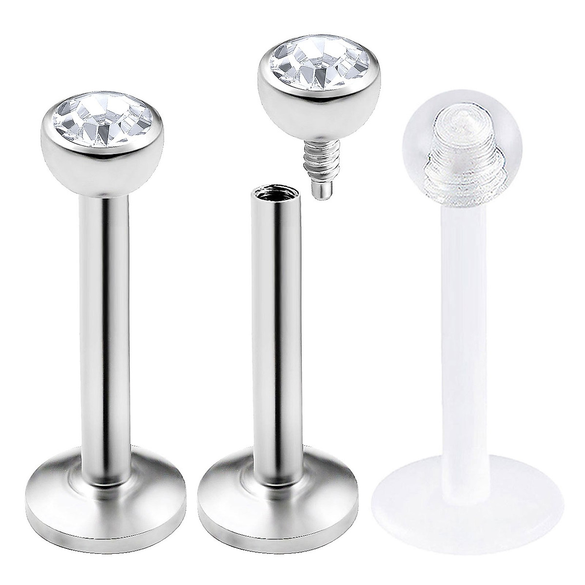 bodyjewellery 3pcs 16g 5/16 Labret Stud Lip Ring Snake Bite Conch Forward Helix Monroe Tragus Dahlia Marilyn Internally Threaded - Clear