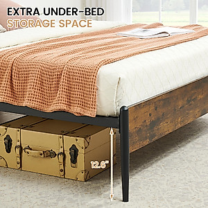 IDEALHOUSE Full Size Metal Bed Frame with Wooden Headboard and Footboard, Platform Full Bed Frame with Under Bed Storage, Strong Metal Slat Support, No Box Spring Needed, Brown