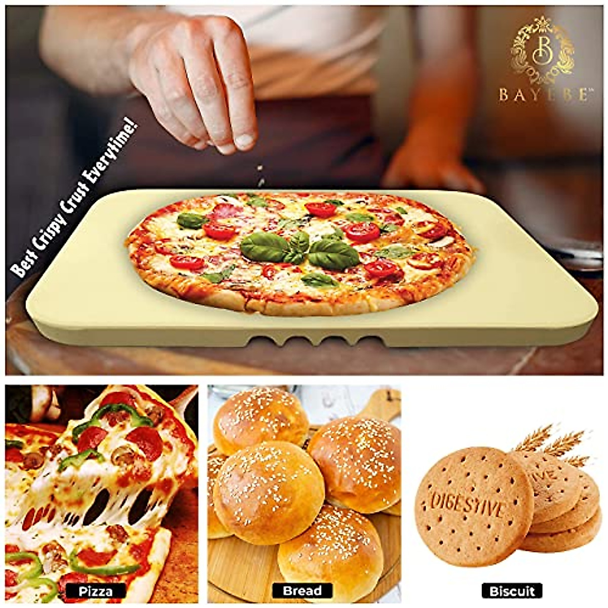 Pizza Stone 12" x 15" Rectangular Baking & Grilling Stone, Perfect for Oven, BBQ and Grill. Innovative Built - in 4 Handles Design - stone baking sheet, Baking Tray, Grilling Stone, Heavy Duty
