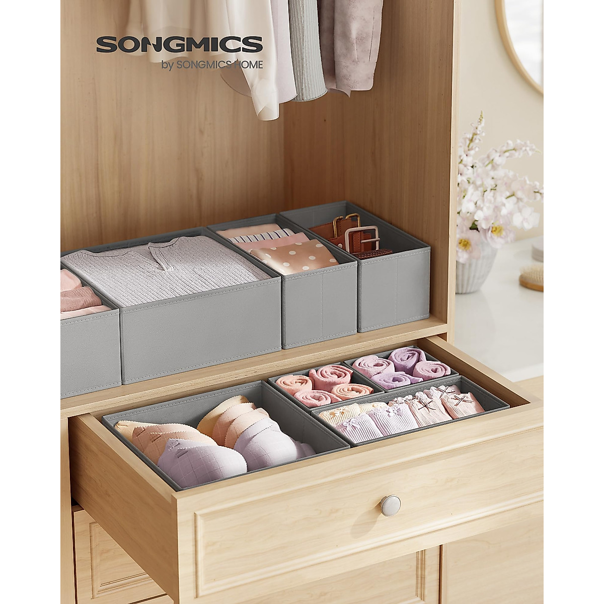 SONGMICS Drawer Organizer, Dresser Drawer Organizers, Set of 12, Foldable Fabric Storage Bins for Socks, Underwear, Bras, Ties, Scarves, Dove Gray URDZ006G02