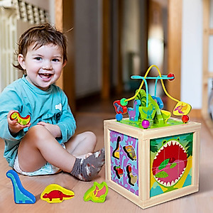 Fajiabao Wooden Baby Activity Cube 6-in-1 Montessori Toys Dinosaur Play Center Blocks Kids Bead Maze Shape Sorter Sensory Toys for Toddlers 6 12 9 18 Months 1 2 3 Year Old Boys Girls Birthday Gift