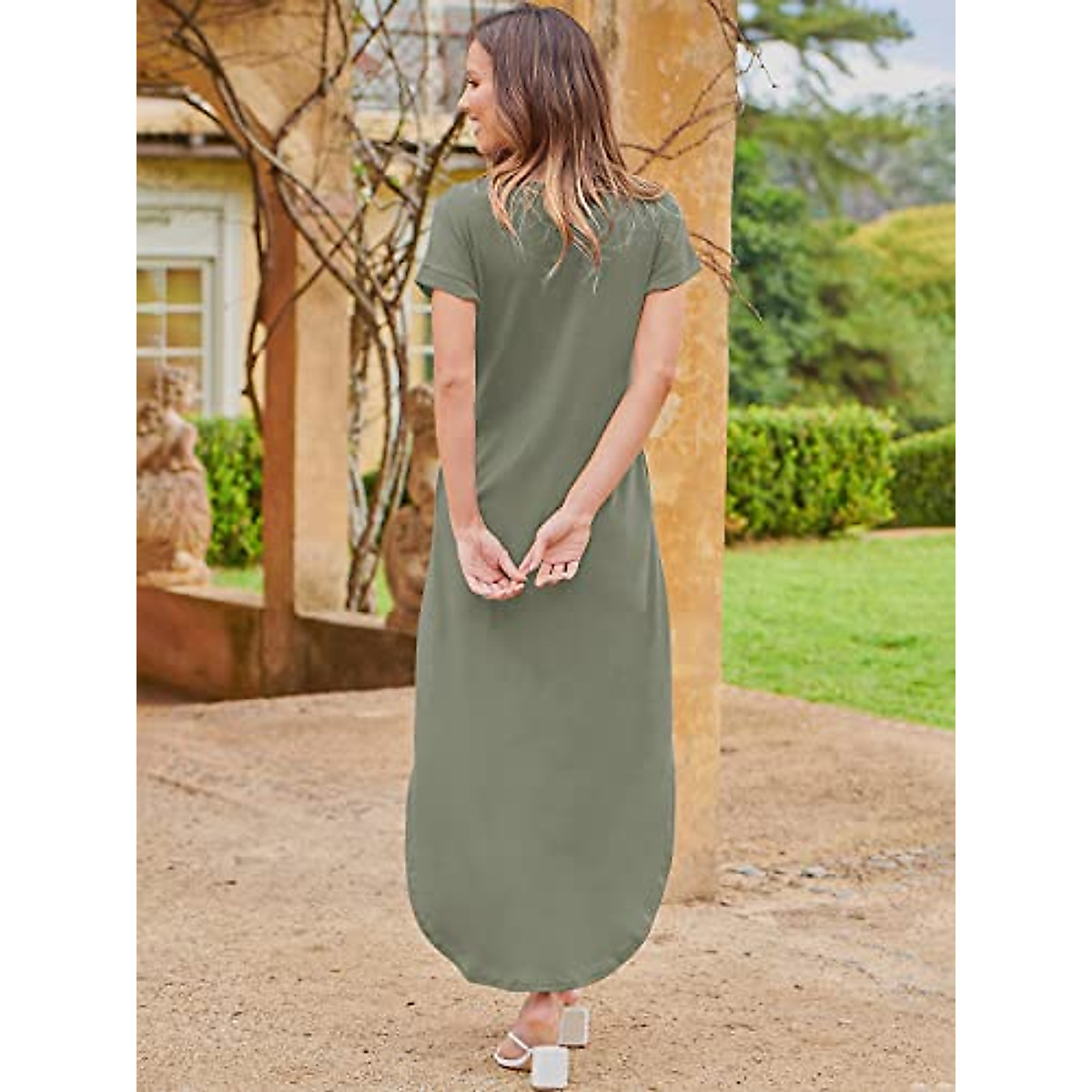 Prinbara Women's Casual Loose Sundress Long Dress Short Sleeve Split Maxi Dresses Cover Up Long Cami Maxi Dresses with Pockets 2PA22-ganlanlvyinzi-S