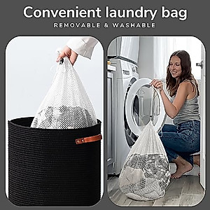 Goodpick Large Laundry Basket, 60L Tall Laundry Hamper with laundry Bag for Blankets, Clothes, Black Rope Laundry Basket for Living Room, 15 x 20 Inches