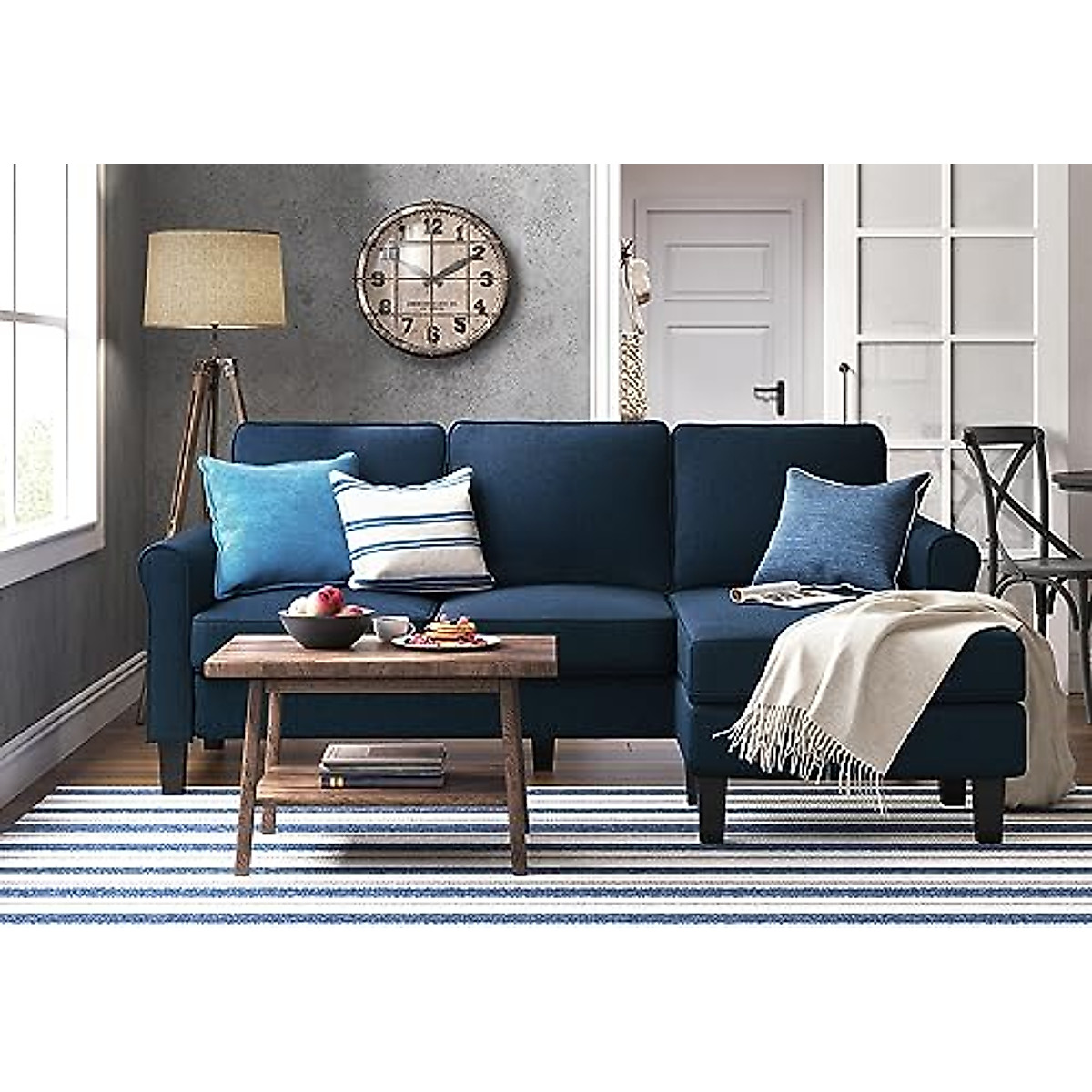 Serta Harmon Reversible Sectional Sofa, Modern L-Shaped Couch for Small Spaces, Soft Fabric Upholstery, Rolled Arm, Blue