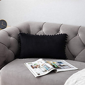 DEZENE Decorative Pillow Covers 12x20 Black: 2 Pack Cozy Soft Pom-poms Velvet Rectangular Throw Pillow Cases for Farmhouse Home Decor