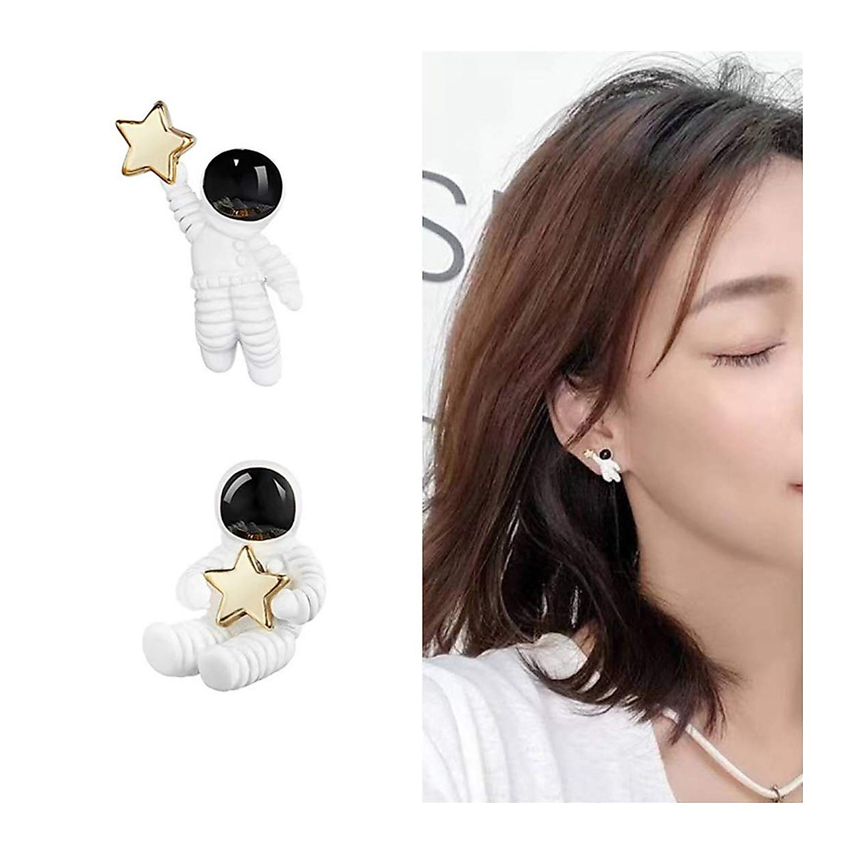 Creative Cartoon Astronaut Stud Earrings for Women Asymmetric Spaceman Star Earing Hypoallergenic Jewelry (Stud)