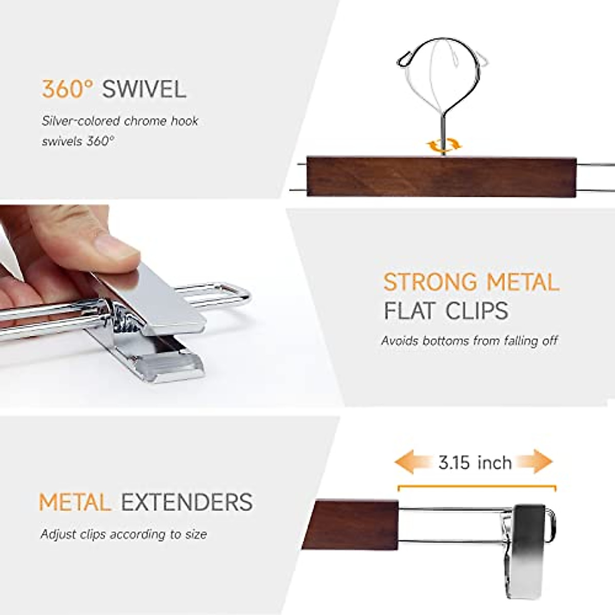 Nature Smile Solid Wooden Skirt Pants Hangers 20 Pack,Premium Wood Bottom Shorts Hangers for Slacks Trousers with Larger Adjustable Anti-Rust Clips (Retro)