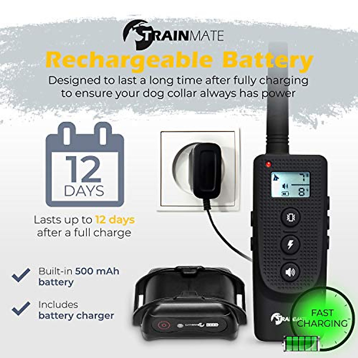 Trainmate Shock Collar for Dogs with Remote, 1200 Foot Range - Waterproof Dog Training Collars with Small, Medium, Large Dogs - Rechargeable Dog Collar with 3 Training Modes Shock, Vibration, Beep