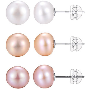 3 Pairs 9mm AAA+ Handpicked Freshwater Cultured Pearl Stud Earrings In Sterling Silver, White/Pink/Light-Pruple Pearl Stud Earrings Set For Women Multipack