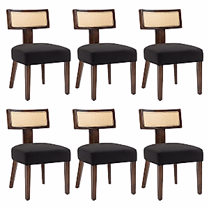 WQSLHX Rattan Dining Chairs Set of 6, Modern Kitchen Dining Room Chair with Curved Cane Back & Hardwood Frame in Dark Walnut Finish, Black Linen Upholstered