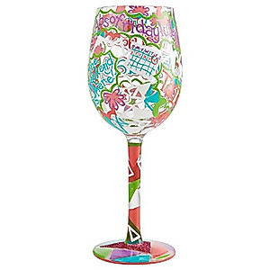 Enesco Designs by Lolita Feel Good Friday Artisan Hand-Painted Wine Glass, 15 Ounce, Multicolor
