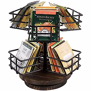 MyGift Black Metal Wire Tea Organizer Spinning Carousel Teabag Holder Basket with Dark Brown Wood Base, 6-Compartment Tea and Coffee Station Condiment Rack