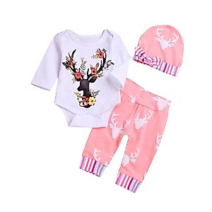 Aalizzwell Newborn Girls Long Sleeve Deer Romper Tops Pink Pants Hat Set (White, 0-3Months)