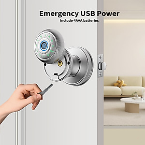 Fingerprint Door Lock,Smart Door Knob,biometric lock, keypad entry,keyless handle.Ideal for bedroom,home,hotel,office,apartment.Enhances security & convenience. (Silvery)