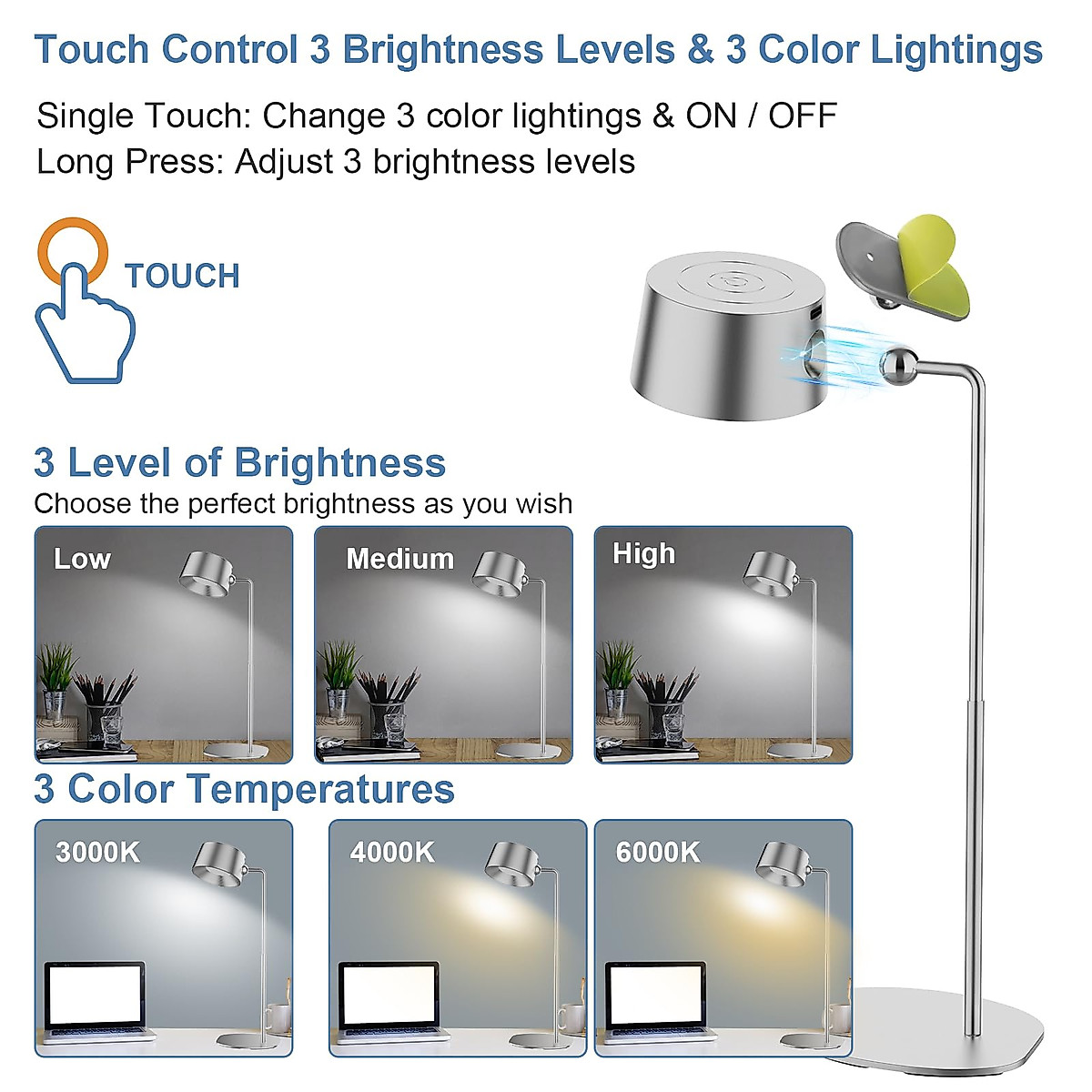 SEECOO LED Desk Lamps, Rechargeable LED Desk lamp with Magnetic, Cordless Desk Lights with 3 Color Modes, Stepless Dimming Eye-Caring Removable Wall Lamp, for Reading, Drawing, Working, Studying