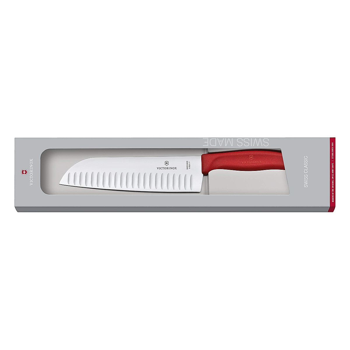 Victorinox 6.8521.17G Swiss Classic Santoku Knife for General-Purpose Slicing, Dicing, Mincing, and Everything In Between Fluted Edge Blade in Red, 6.7 inches