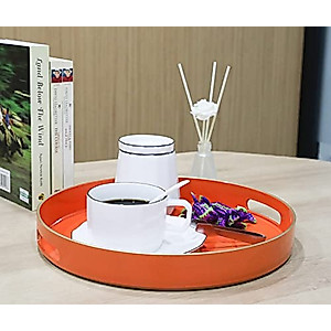 Decorative Tray, Marbling Plastic Tray with Handles, Rectangular Vanity Tray and Serving Tray for Bathroom, Kitchen, Ottoman and Coffee Table (Round Set, Orange)