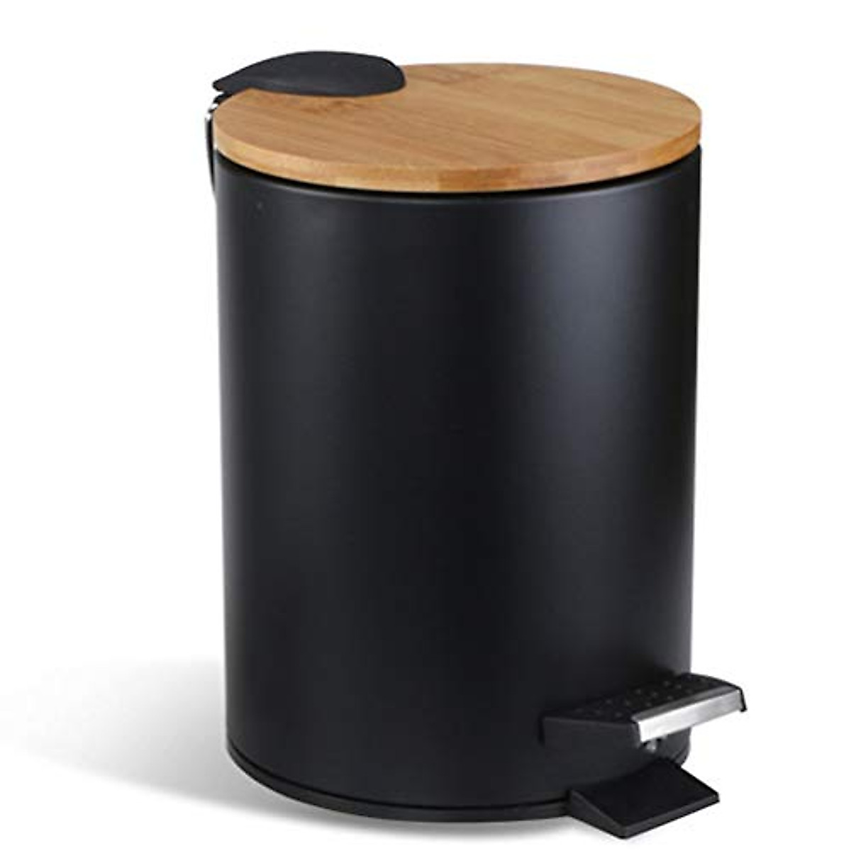 Aupekro Round Metal Trash Can with Bamboo lid and Pedal 5 Liter Garbage Container Bin with Removable Inner Wastebasket for Bathroom, Bedroom, Kitchen, Office (Black)