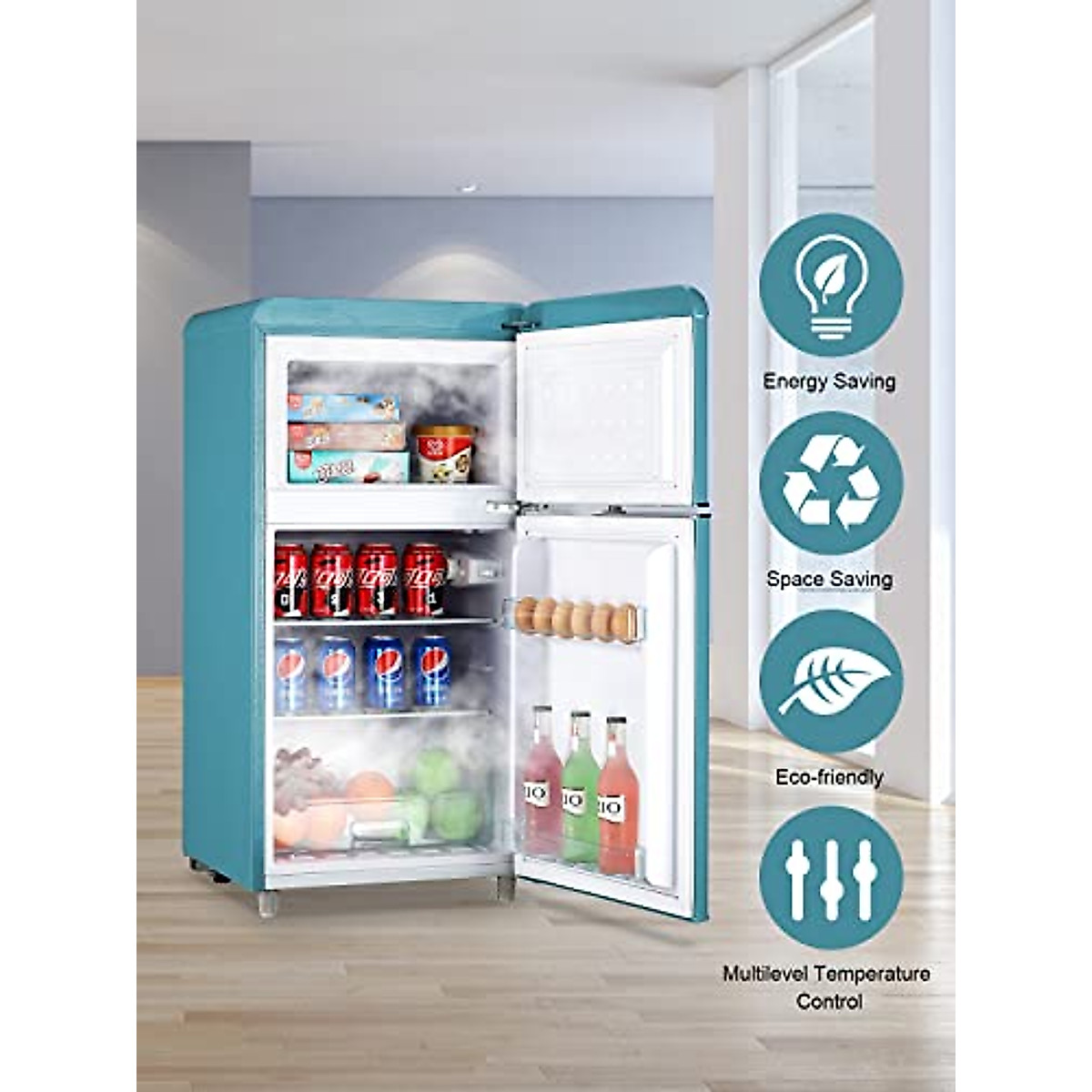 WANAI Compact Refrigerator 3.2 Cu.Ft Retro Mini Fridge with Freezer Dual Door Small Refrigerator with 7 TEMP Modes, LED Lights, Removable Shelves, Ideal for Bedroom Dorm Office Apartment