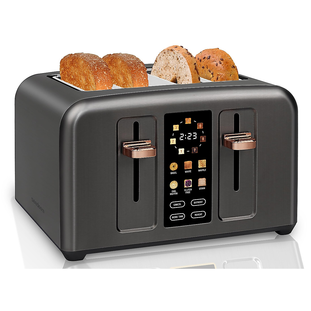 SEEDEEM Toaster 4 Slice, Full Touch control Toaster, LCD Display, 6 Bread Type, 7 Shade Settings, 1.4''Wide Slots，More Time Function, Removable Crumb Tray, 1800W, Dark Metallic