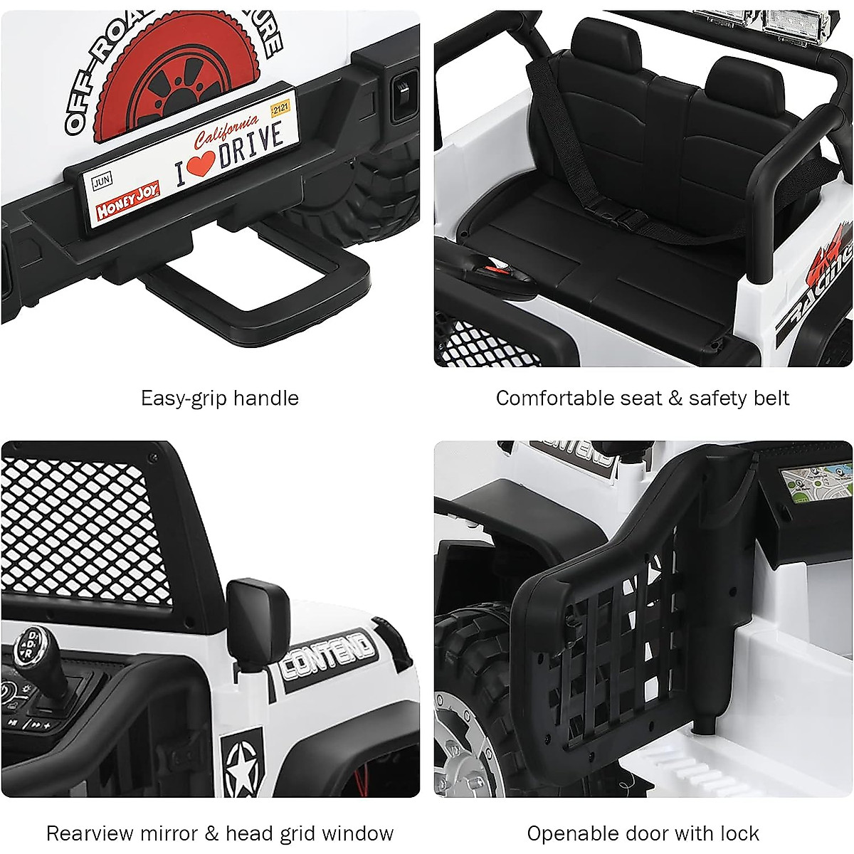 Costzon 2-Seater Ride on Truck, 12V Battery Powered Electric Vehicle w/Remote Control, 2 Speeds, Spring Suspension, LED Light, Horn, Music/ MP3, 2 Doors Open, Ride on Car for Kids (White)