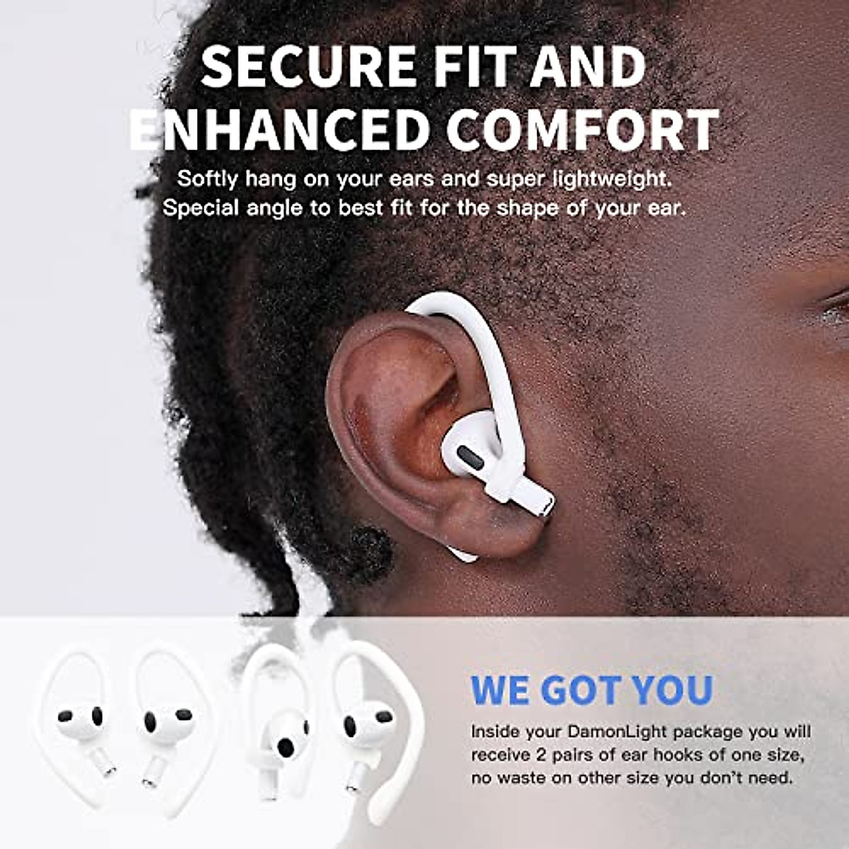 [2 Pairs] DamonLight Ear Hooks for AirPods Pro 2 & 1, AirPods 3 & 2 & 1, Airpod Ear Hook, Anti-Slip Comfortable Fit, Ergonomic Design, AirPods Accessories (Medium, White)