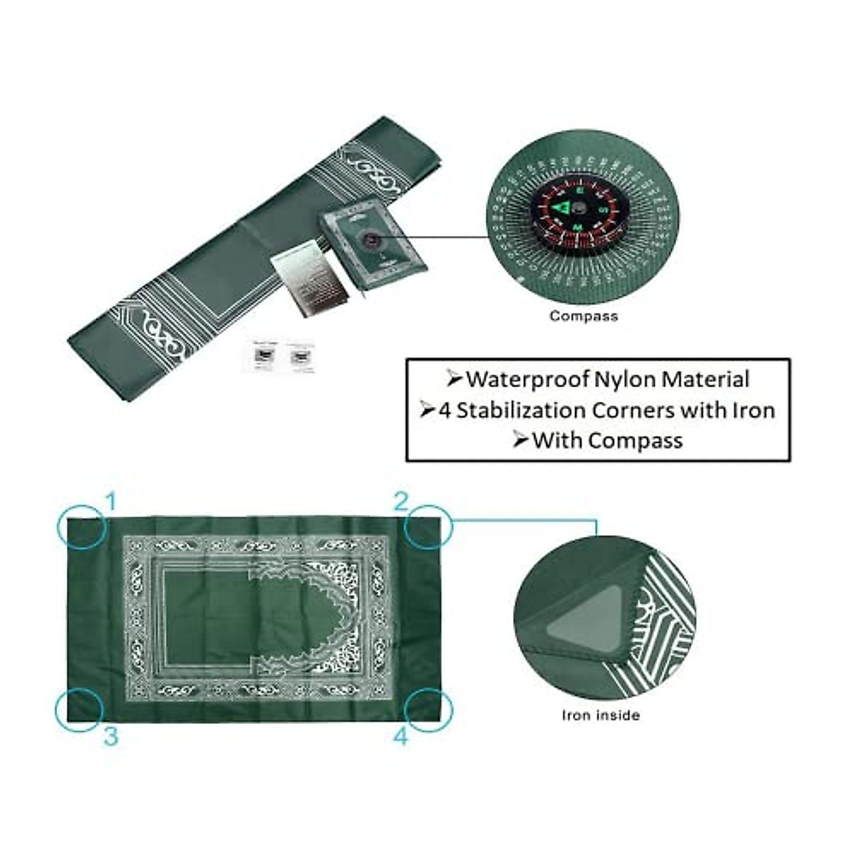 Hitopin 2 Pieces Travel Prayer Mat, 60cm*100cm Portable Prayer Mat, Waterproof Prayer Mat, Prayer Rug, Muslim Travel Prayer Mat, for Ramadan Gifts, Islamic Muslim Prayer (Green, Blue)