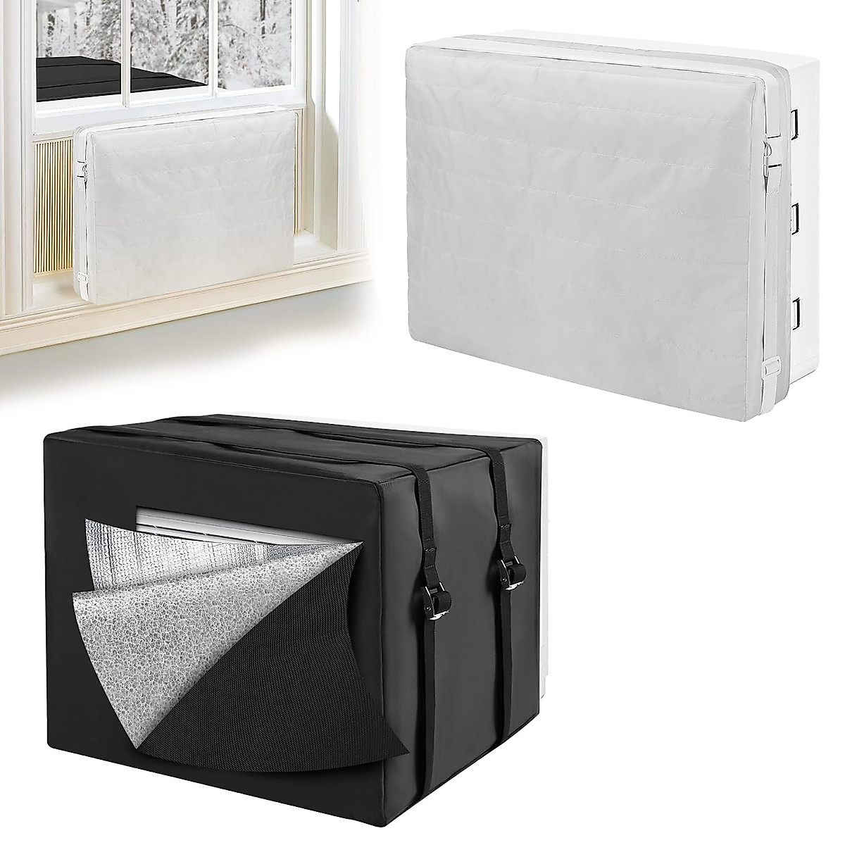 2 Pack Windproof Window AC Cover for Indoor Outdoor - Insulation Air Conditioner Unit Covers with Drawstring for Winter Inside 25''W × 17''H × 3.5''D and Outside 25.5''W × 18''H × 20.5''D