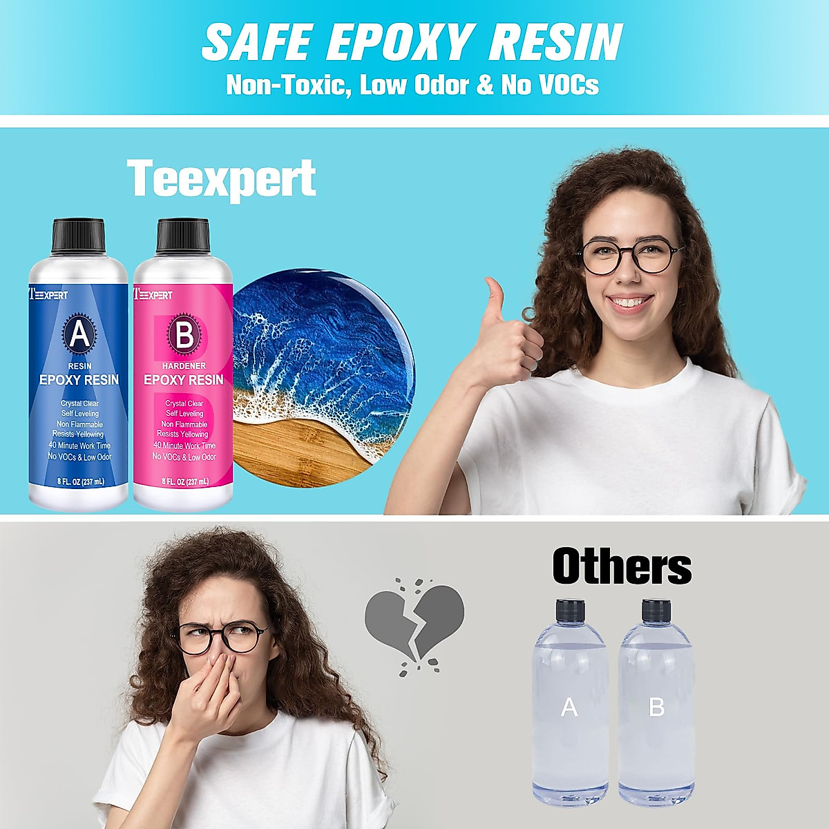 Teexpert Epoxy Resin Crystal Clear, 16oz Epoxy Resin Kit, Self-Leveling, Bubble-Free Coating and Casting Resin for DIY Art & Crafts, Jewelry, Coasters, Molds - 2 Part (8oz Resin and 8oz Hardener)