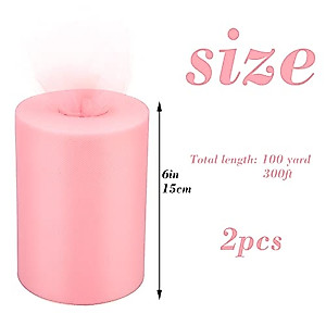 2 Pcs Tulle Fabric Rolls 6 Inch 100 Yards Polyester Tulle Gift Bow Tulle Roll Spool Fabric for Sewing Table Skirt and Birthday Party Wedding Decorations DIY Crafts Supplies (Pink)