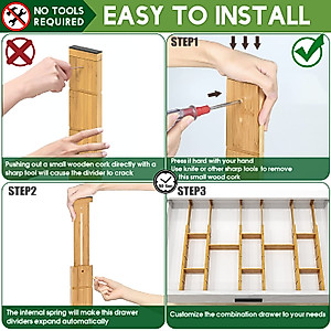 Toydoooco Bamboo Drawer Dividers with 12 Inserts,16.3-22inches,Expandable Kitchen Drawer Organizer ,Adjustable Drawer Separators for Bedroom Bathroom Dresser 6 Pack