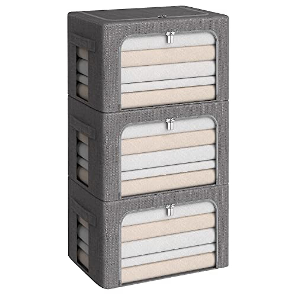 3Pack Foldable Storage Bins - Frame Storage Box Linen Fabric Stackable Clothes Container Organizer with Clear Window & Carry Handles Large Capacity (Medium-36L, Dark Gray)