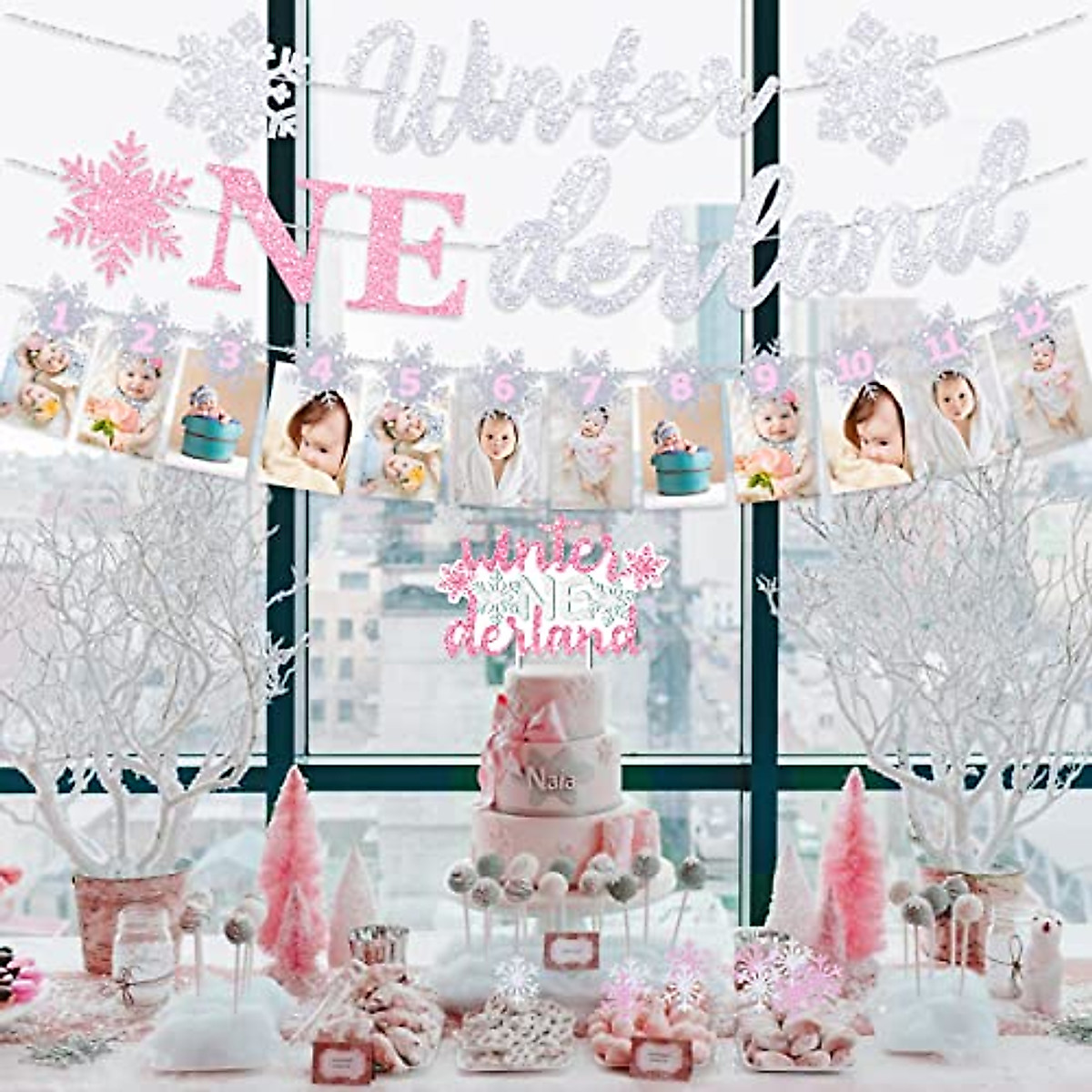 Winter Onederland Birthday Party Decorations Girl Pink Wonderland Snowflake 1st Birthday Party Supplies with Snowflake Photo Banner Winter Onederland Banner Cake Topper