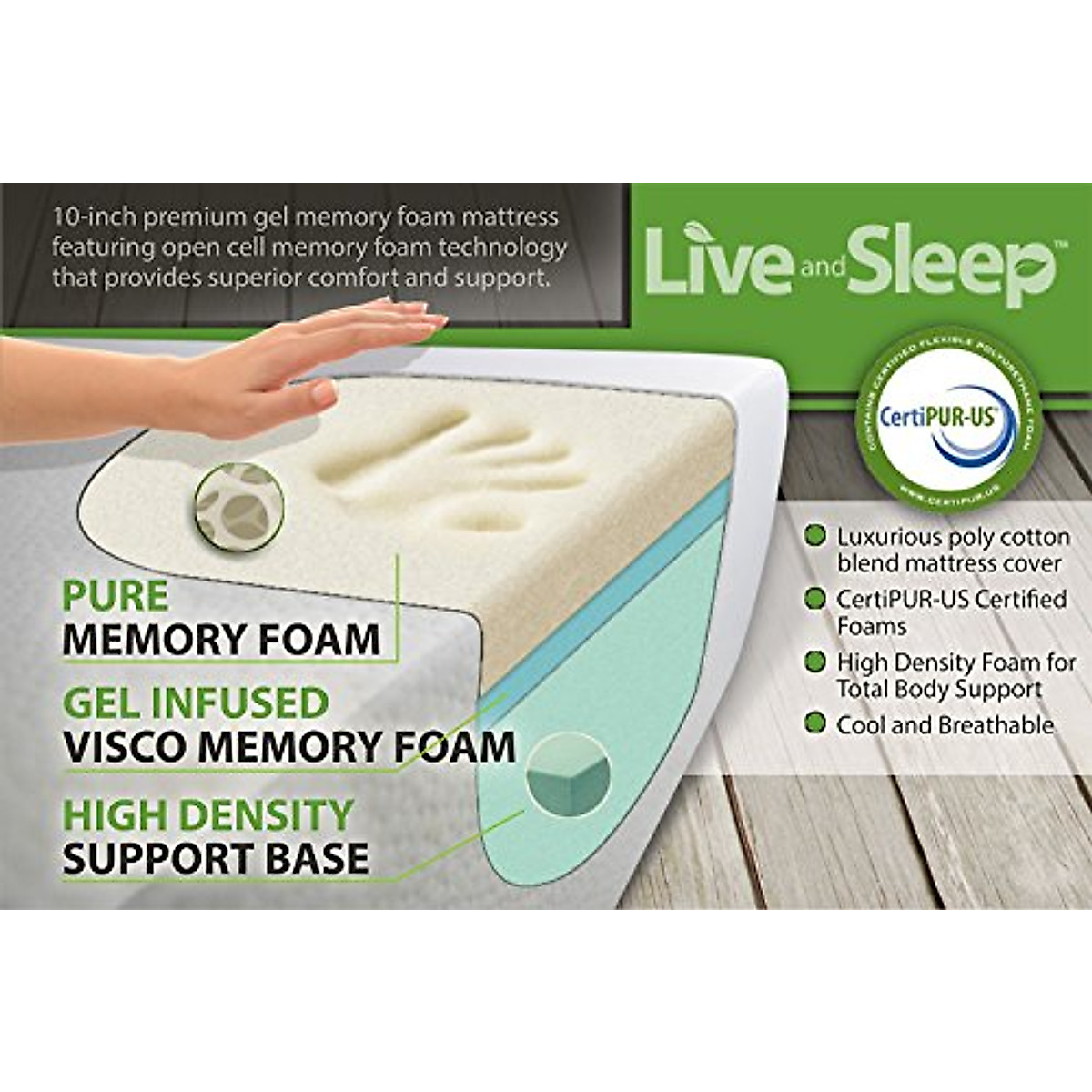 Live & Sleep King Size Mattress, Gel Memory Foam - 10 Inch Mattress - Firm Mattress - Cool Bed in a Box - Balanced Support - CertiPUR Certified - King