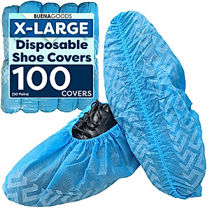 Buena Goods 100 Pack Extra Large Disposable Blue Boot and Shoe Covers - Indoor Reusable Shoe Covers Disposable - Non Slip Booties - Fits US Men's Size 14 and Women's 16 Size