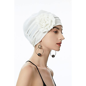 ZLYC Women Turban Beanie Hat with Flower Chemo Headwear Elastic Head Wrap Cap (Floral White)